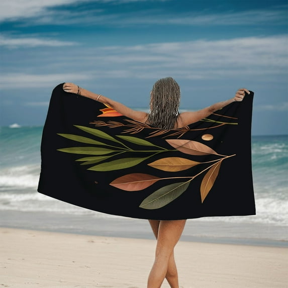 Botanical Bliss Beach Towel - Vibrant Green & Brown Leaves with Red ...