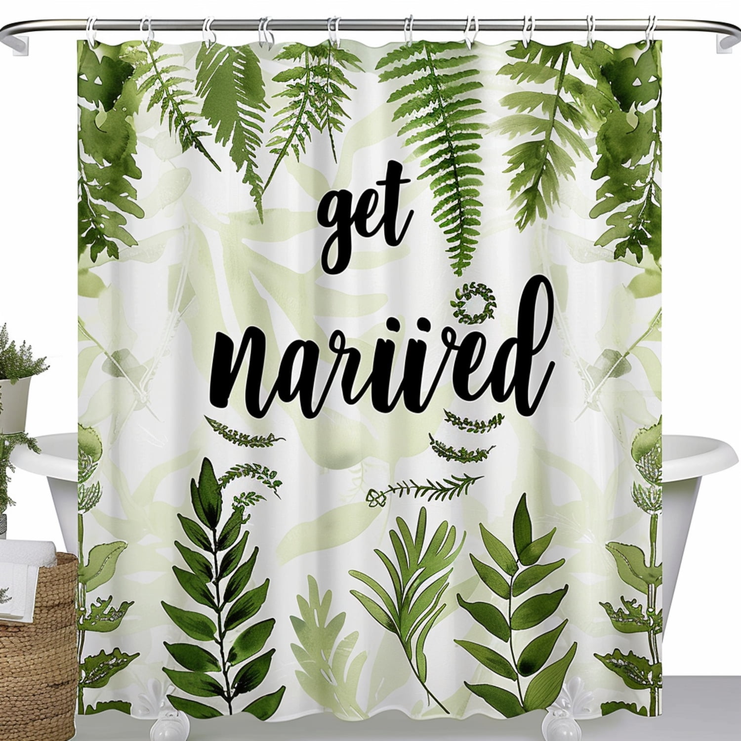 Botanical Bliss Green Fern Leaf Shower Curtain With Get Naked Quote