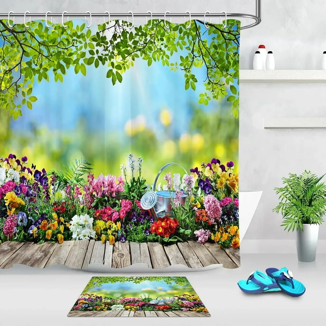 Botanical Bliss Spring Flowers Shower Curtain Set With Wood Floor