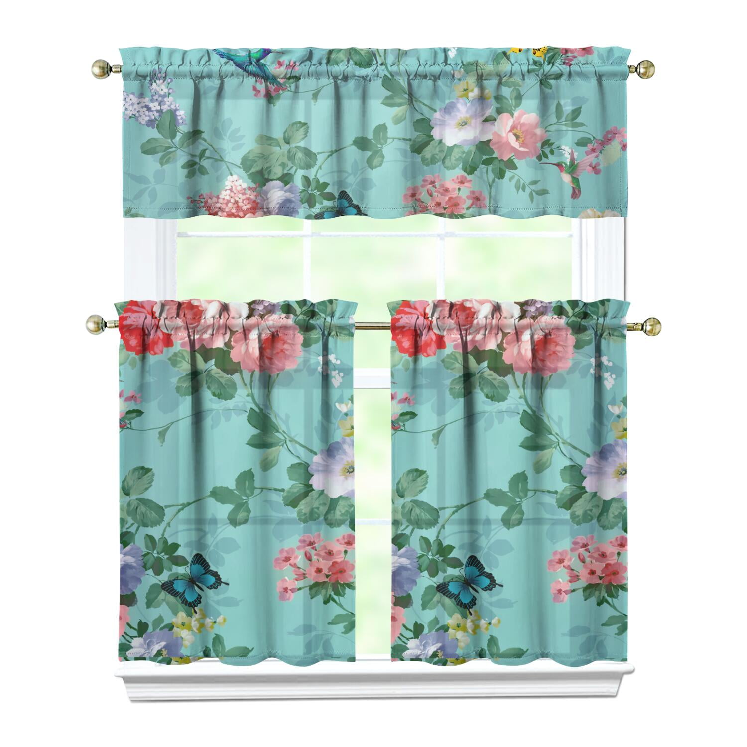 Botanical Bloom Kitchen Curtains Set of 3 with Valance and Tiers Semi ...