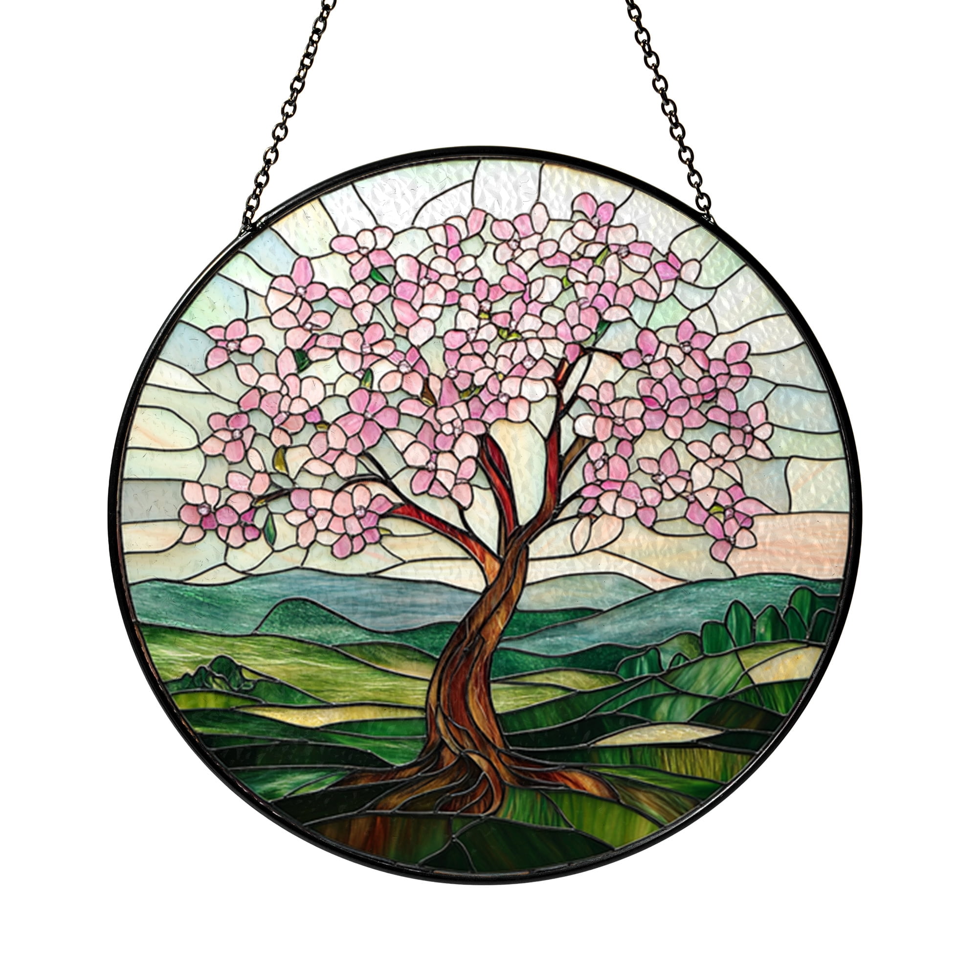 Botanical Blooming Tree Stained Glass Style Suncatcher – Round Window ...
