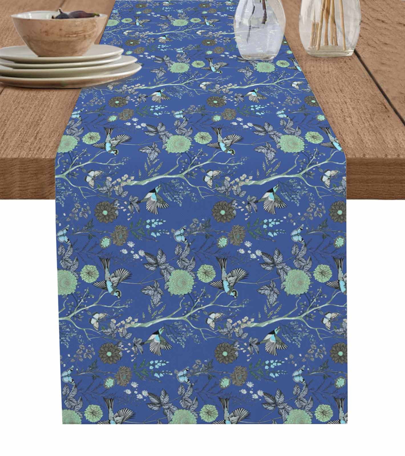 Botanical Blue Burlap Cotton Table Runner 13x72 Inches Long, Vintage ...
