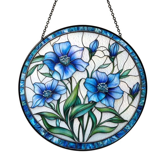 Botanical Blue Flower Stained Glass Window Hanging, Timeless Floral ...