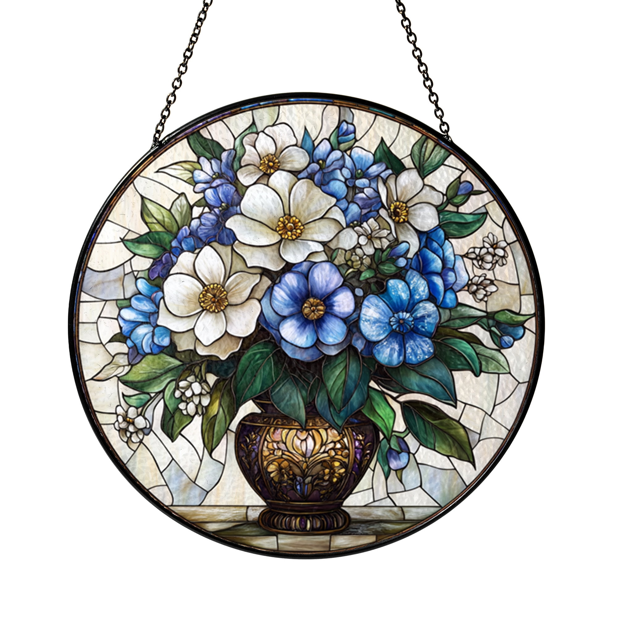 Botanical Blue Flower Vase Stained Glass Style Suncatcher Window ...