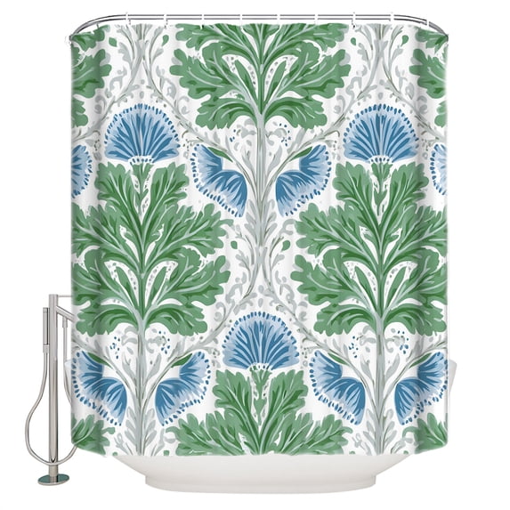 Botanical Blue Green Bathroom Shower Curtains with 12 Hooks Polyester ...