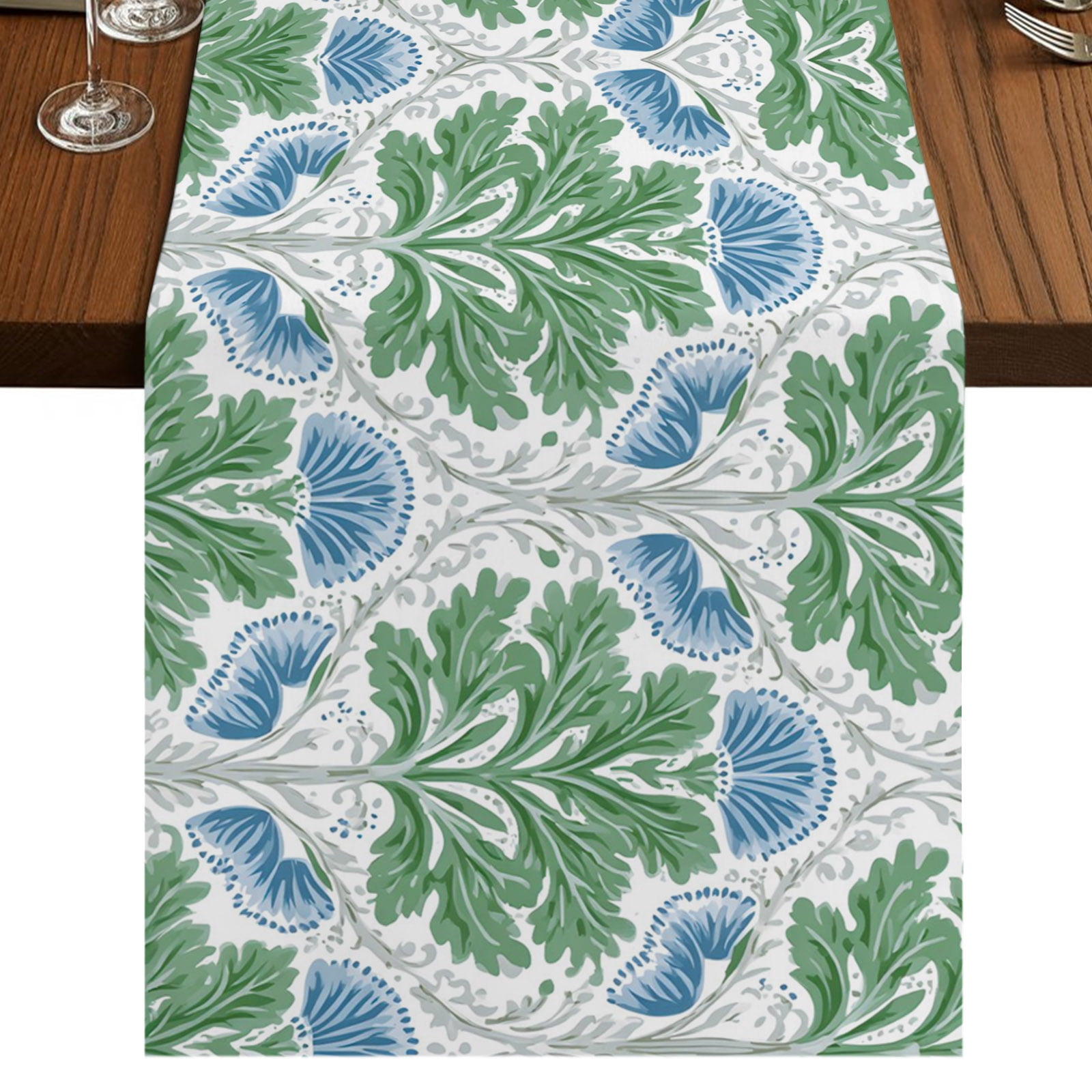Botanical Blue Green Burlap Cotton Table Runner 13x120 Inches Long ...