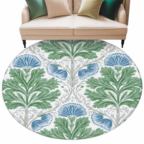 Botanical Blue Green Round Rug 5ft Washable Circle Kitchen Rugs Non ...