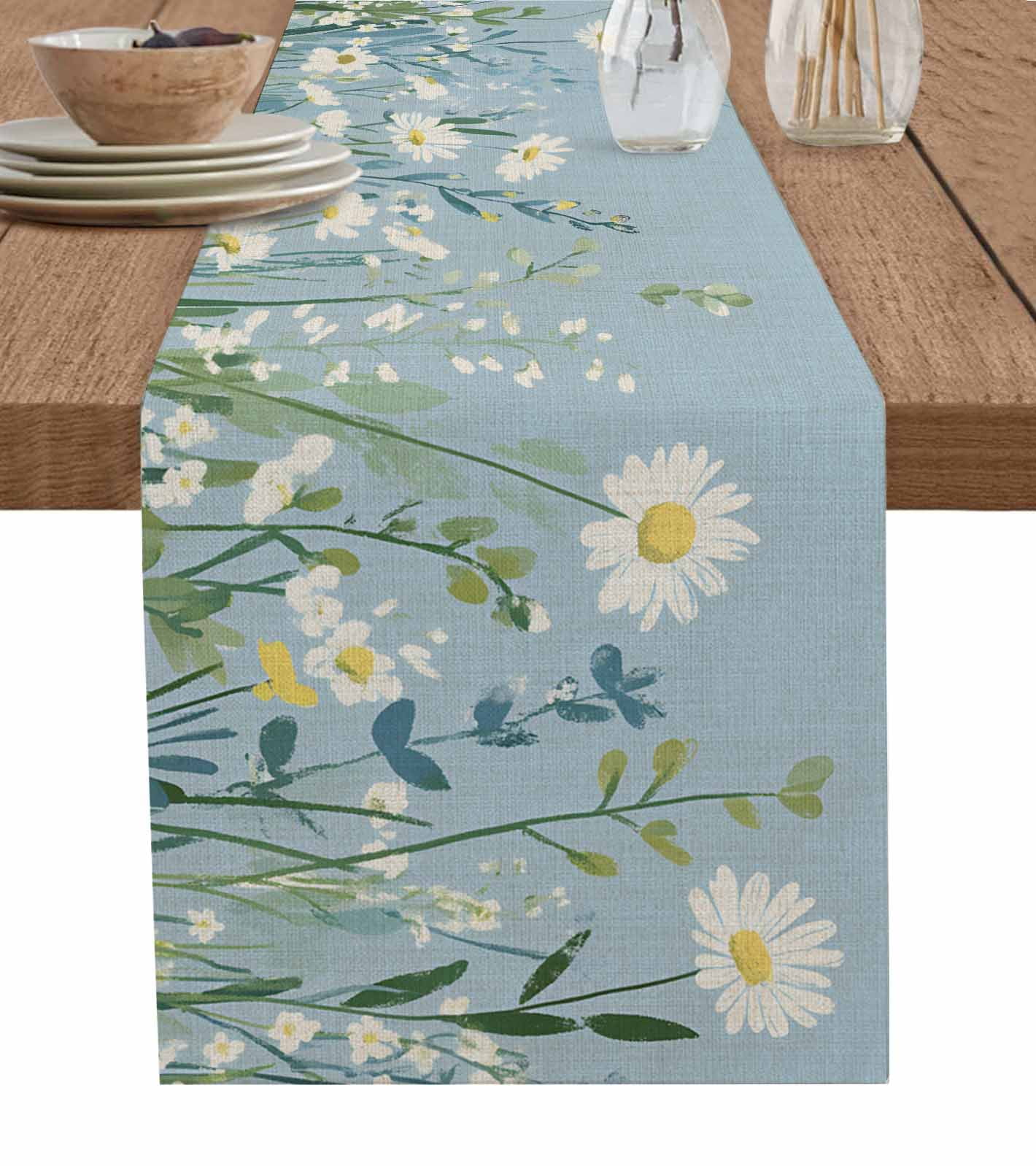 Botanical Blue Green Table Runner 72 Inches, Spring Pastoral Daisy Leaf ...