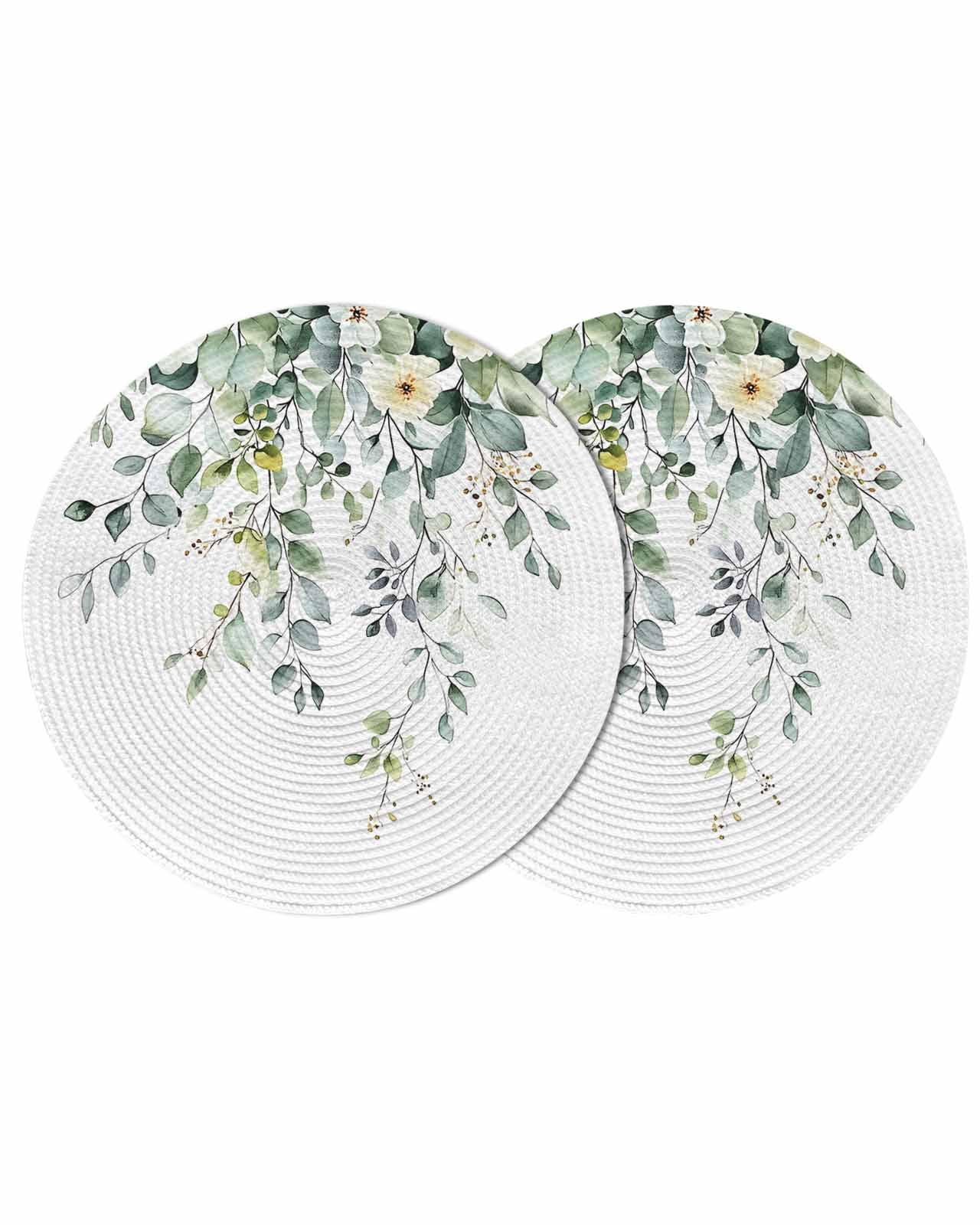 Botanical Boho Floral Round Table Placemats set of 2, Eucalyptus Leaf ...