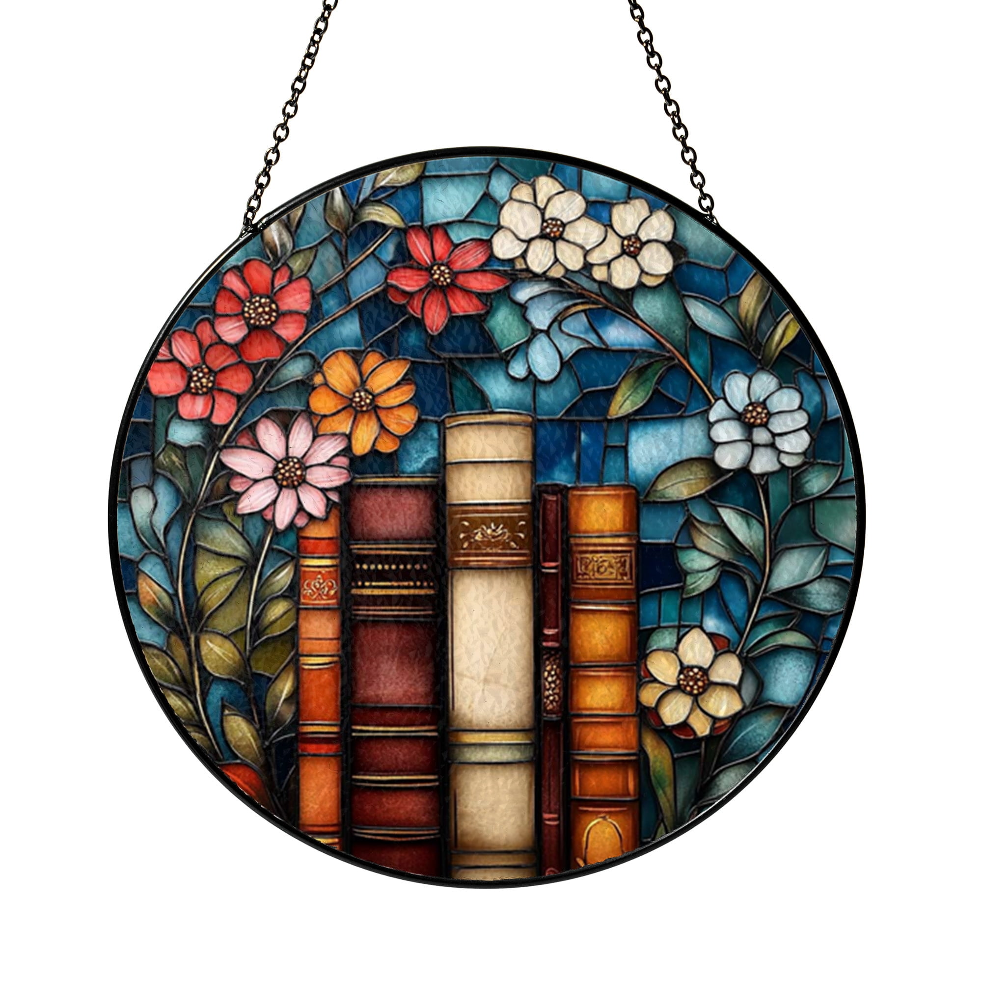 Botanical Books Glass Suncatcher – Floral Literary Style Window Hanging ...