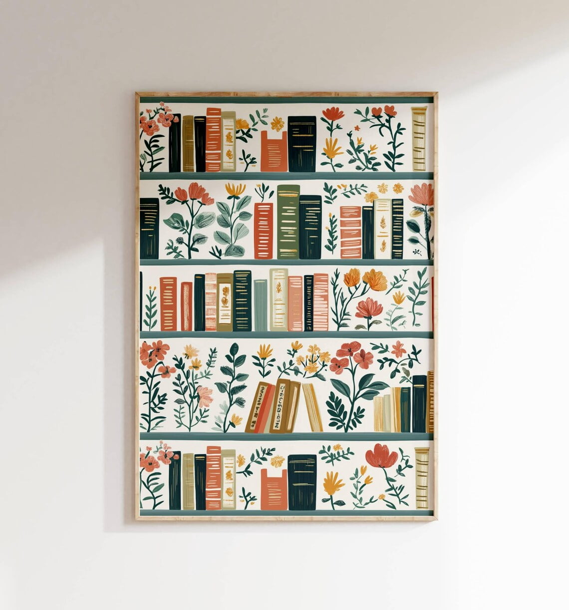 Botanical Bookshelf Pattern Whimsical Floral Pastel Book Poster ...