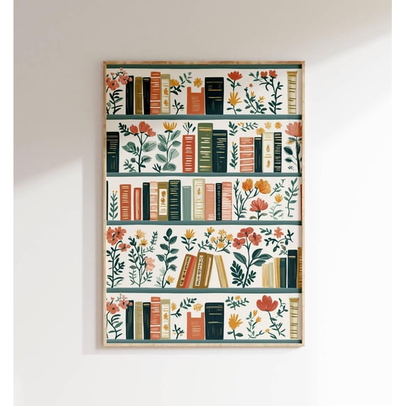 Botanical Bookshelf Pattern Whimsical Floral Pastel Book Poster ...