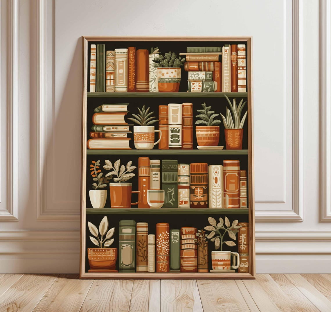Botanical Bookshelf Poster Cozy Vintage Book Reading Room Wall Art ...