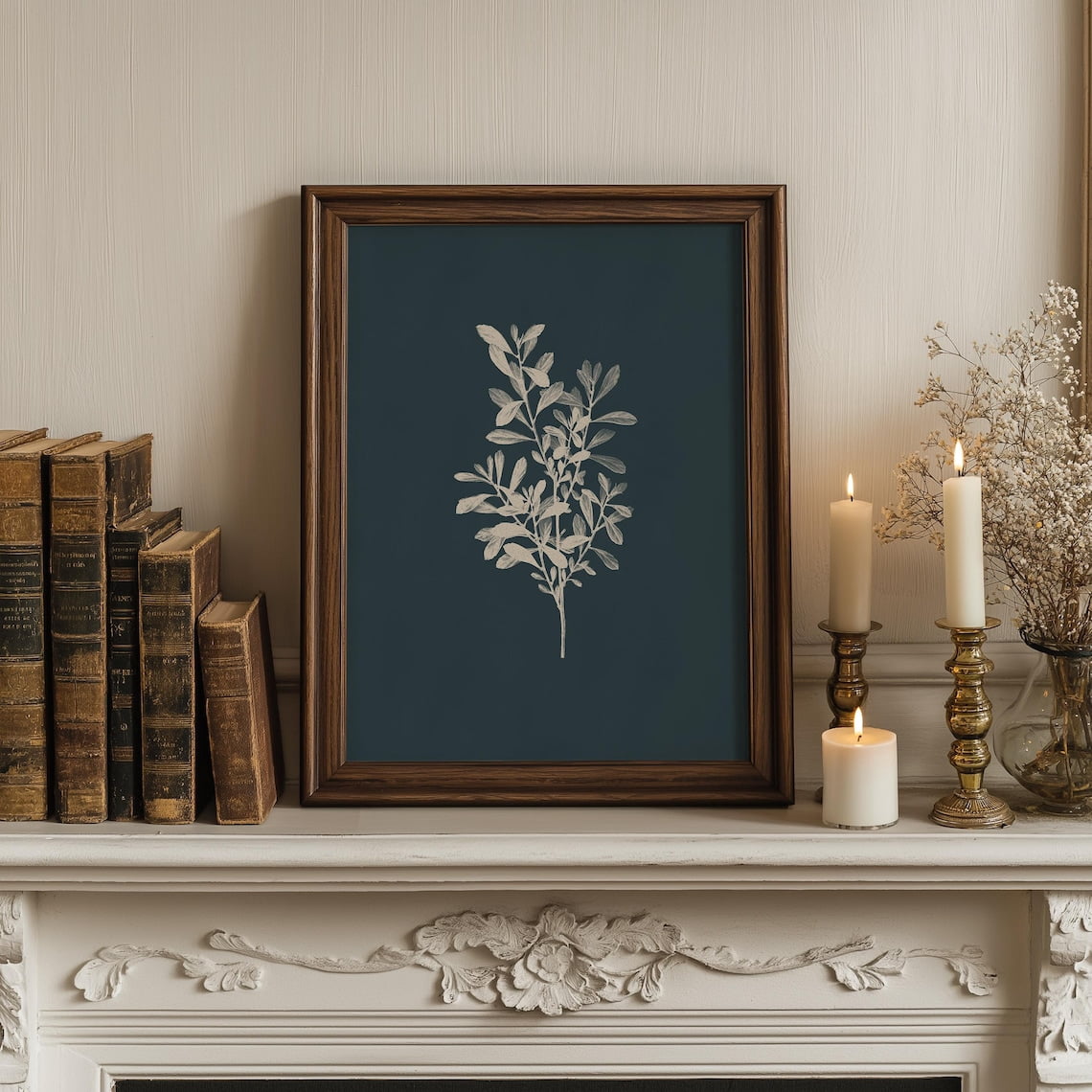 Botanical Branch Print, Vintage Navy Blue Nature Artwork, Unframed ...