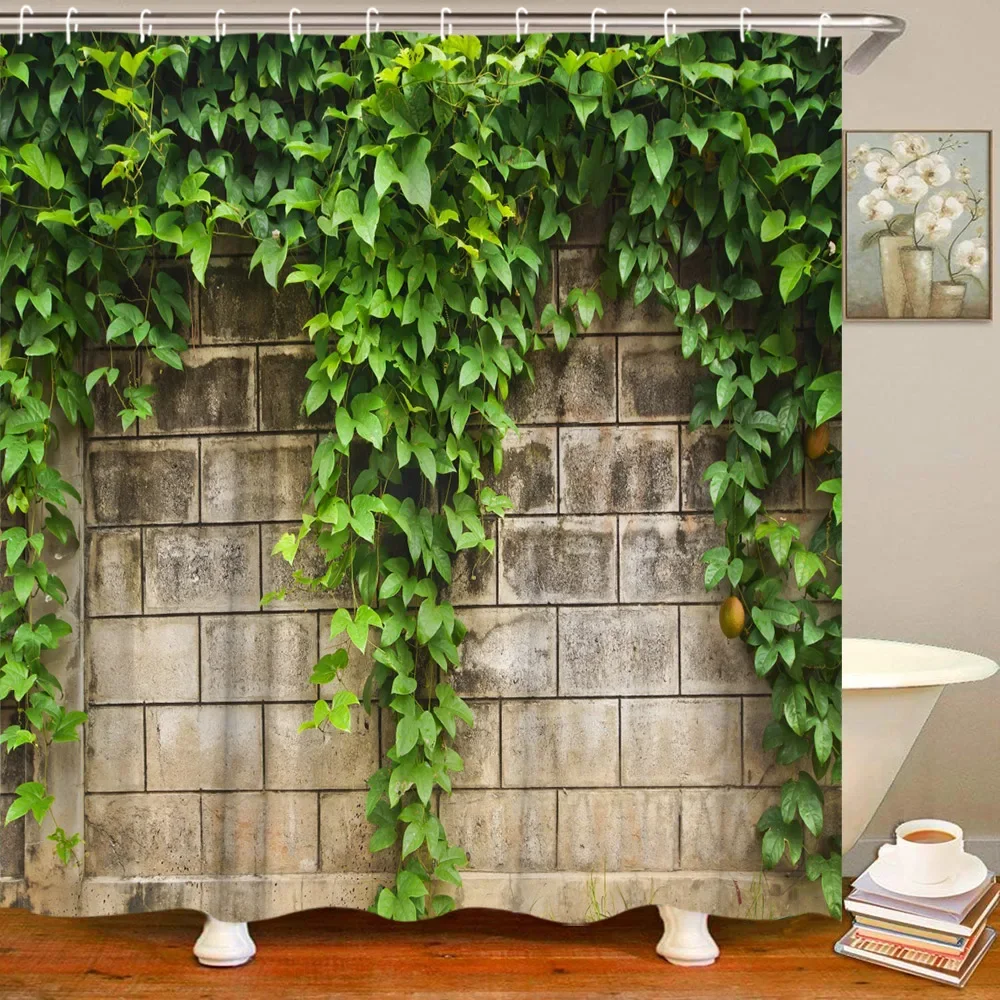 Botanical Brick Wall Shower Curtain St Greenery Leaves Vine Farm Rustic ...