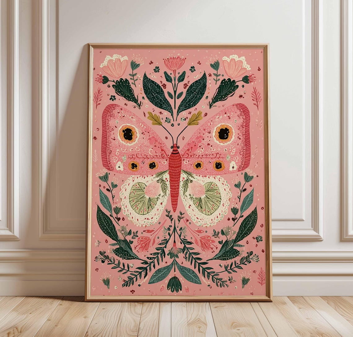 Botanical Butterfly Art Pink Green Boho Folk Art Nature Wall Decor ...