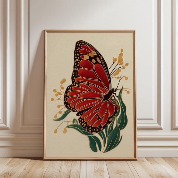 Botanical Butterfly Red and Gold Illustration Nature Home Art Print ...