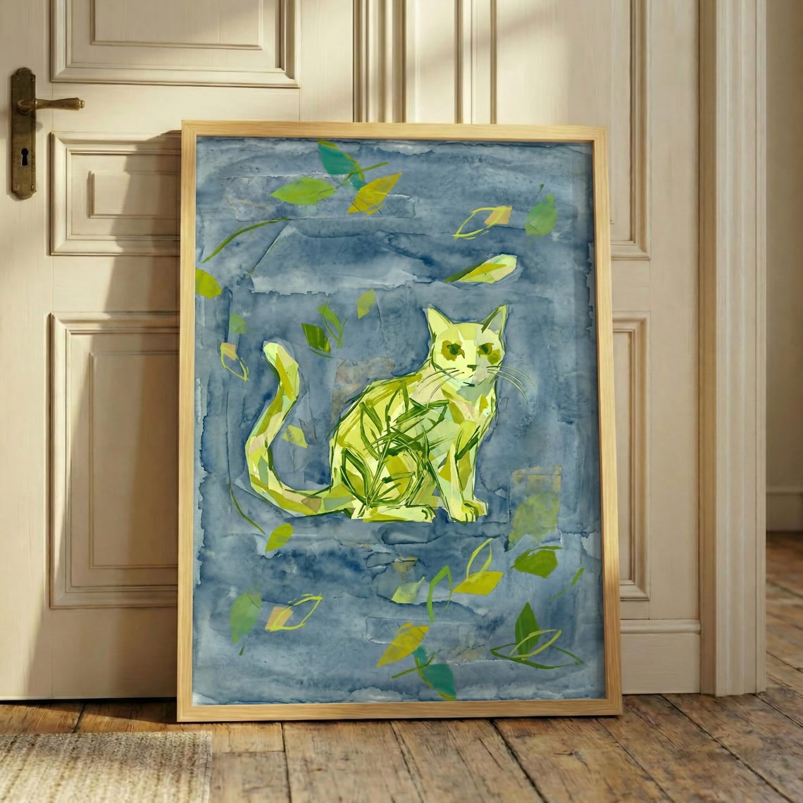 Botanical Cat Green Leaf Feline Pet Bohemian Animal Floral Cat Nature ...