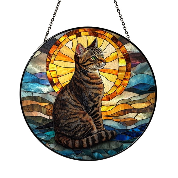 Botanical Cat Stained Glass Style Window Hanging, Decorative Feline ...