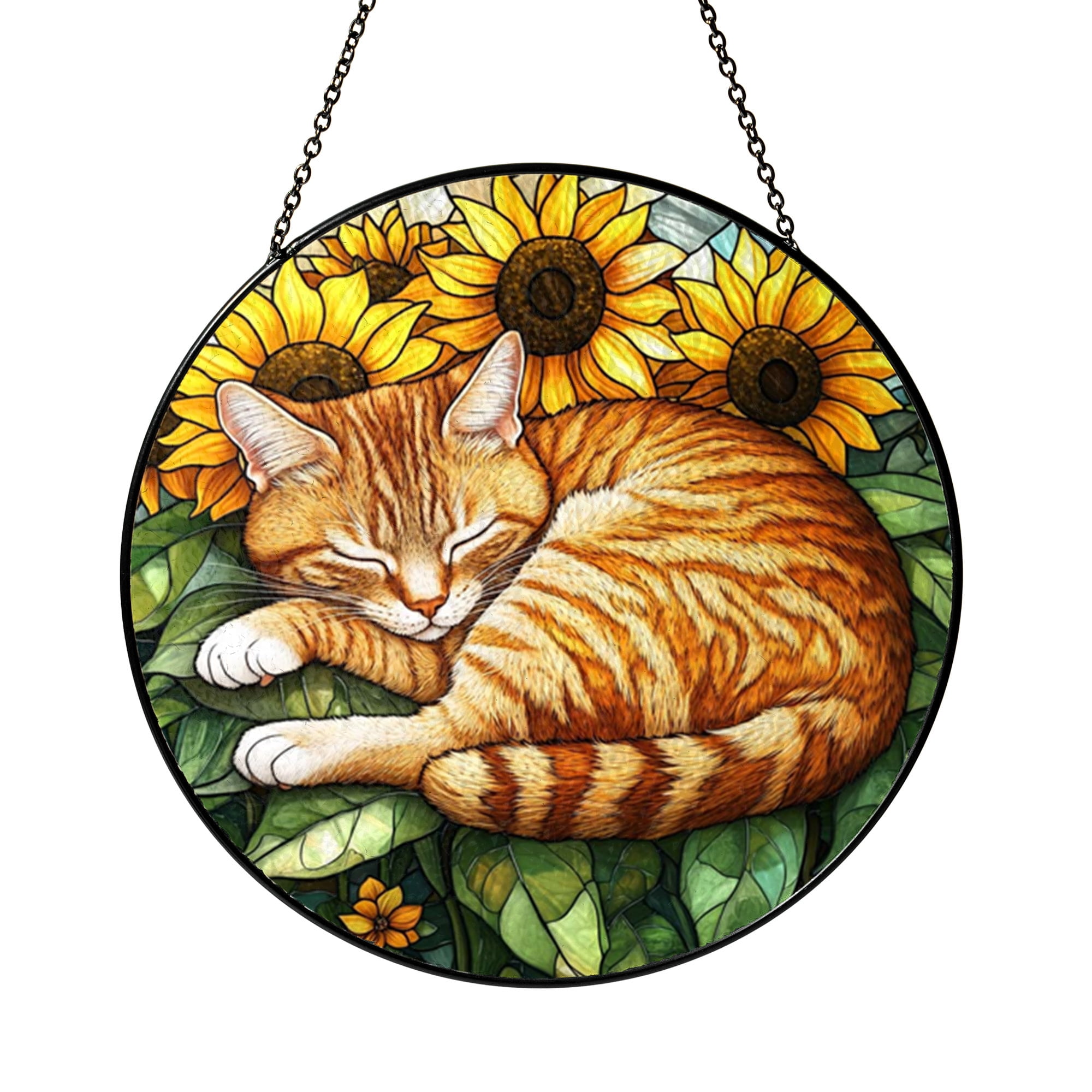 Botanical Cat Stained Glass Suncatcher, Sleeping Tabby with Sunflower ...