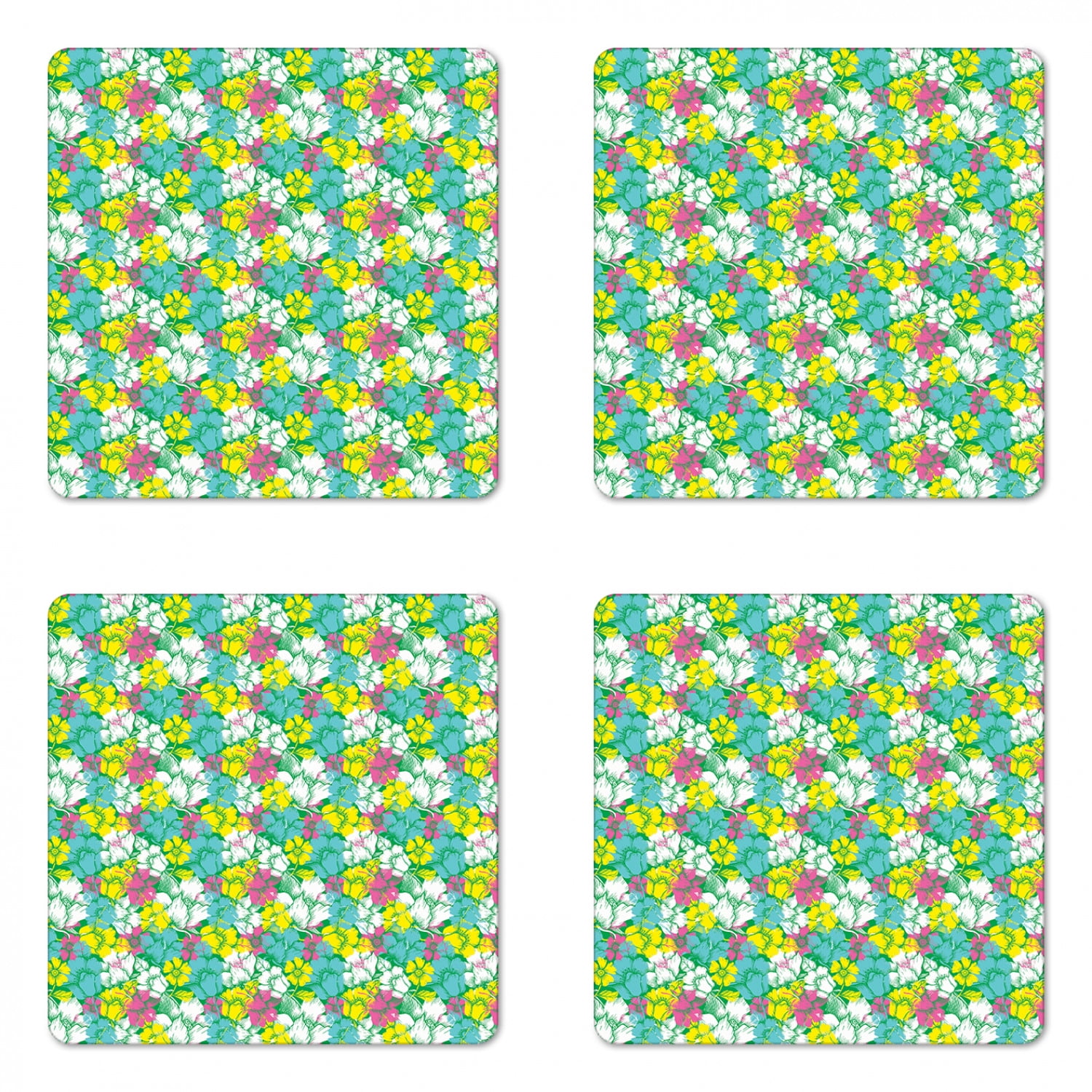 Botanical Coaster Set of 4, Sketchy Composition of Colorful Blossoms ...
