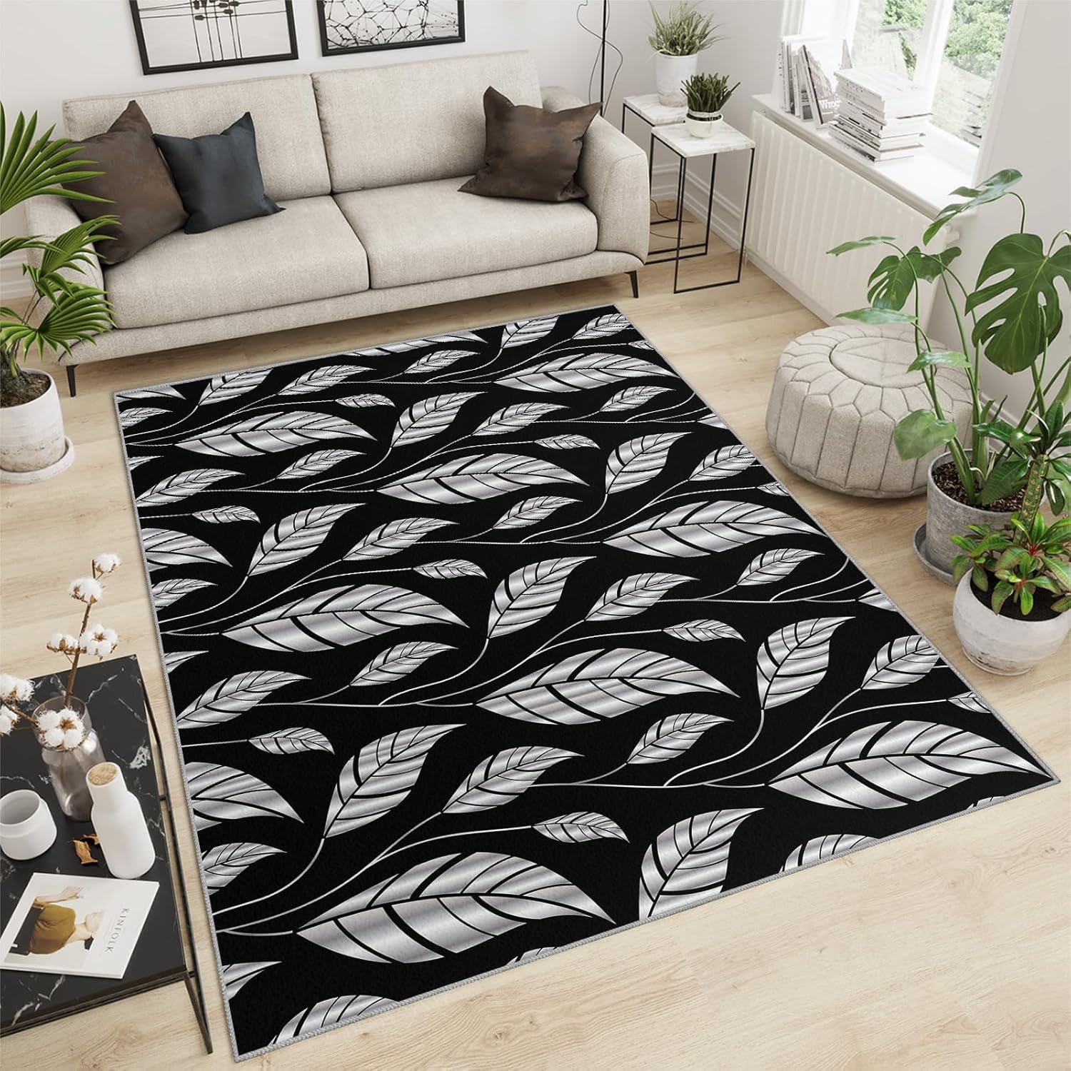 Botanical Collection Area Rug - Plant Leaves Bedroom Rug Black Living ...
