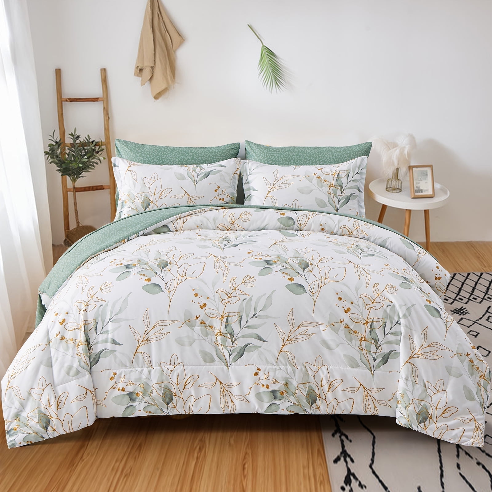 7 Pieces Comforter Set Green Floral Leaves Queen Size Bed in a Bag ...