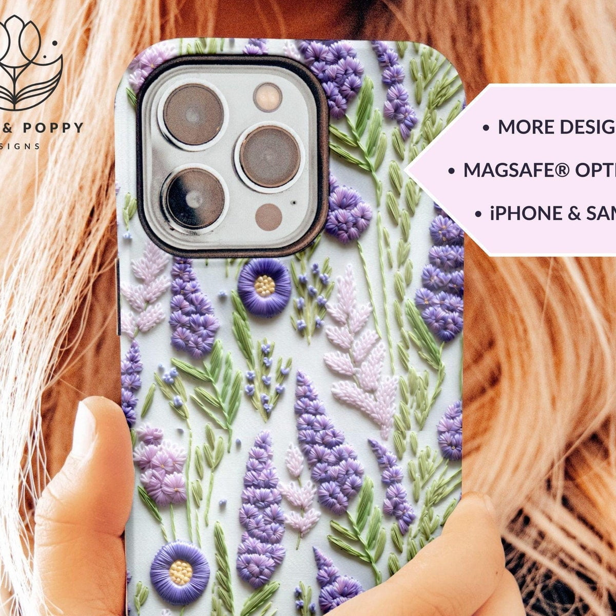 Botanical Cottagecore and Boho Floral Embroidered Phone Case with a Lavender Flower Design with ...
