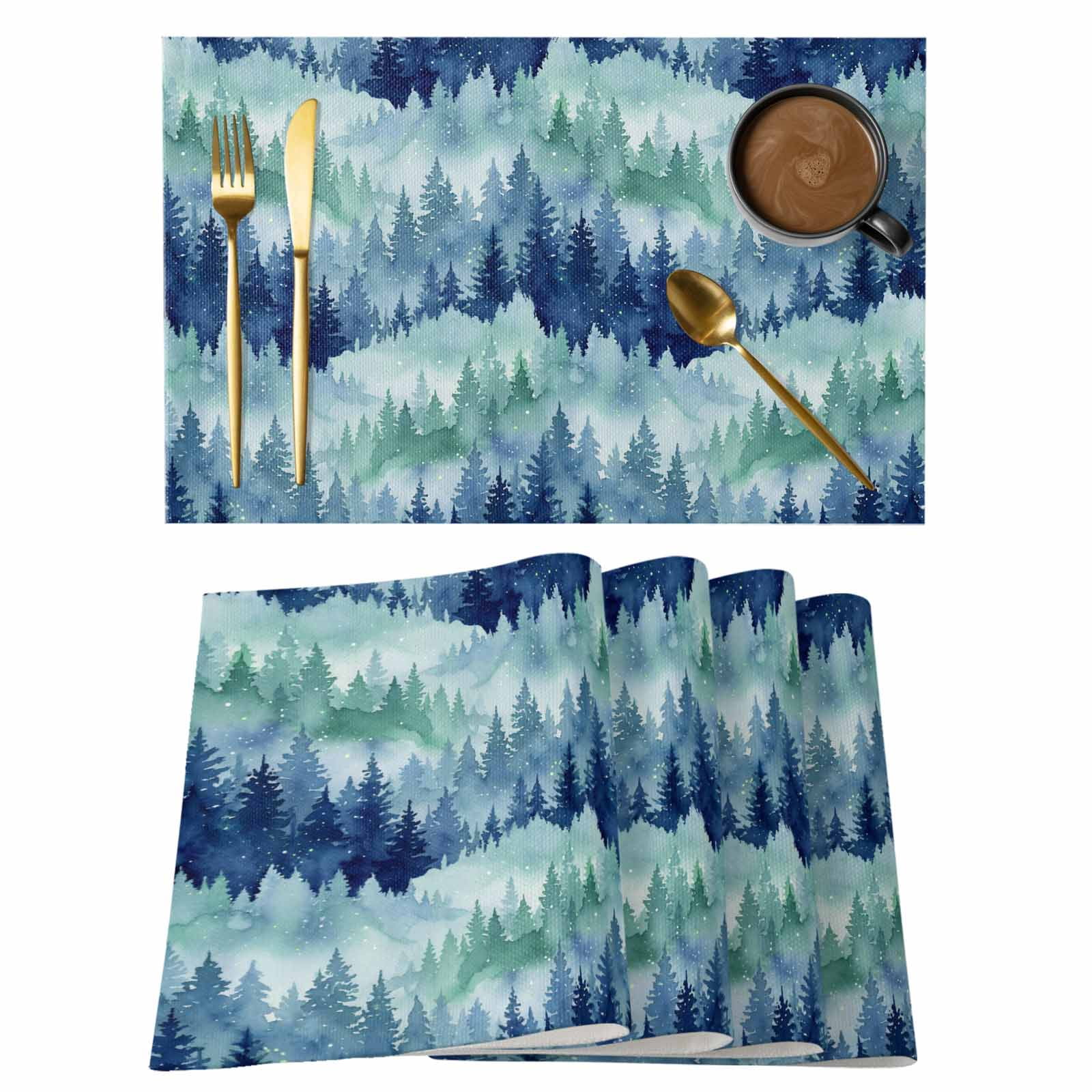 Botanical Cotton Linen Placemats Set of 1, Spring Watercolor Blue Trees ...