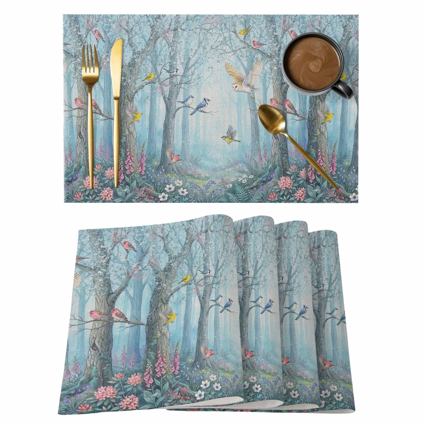 Botanical Cotton Linen Placemats Set of 12, Spring Watercolor Trees ...