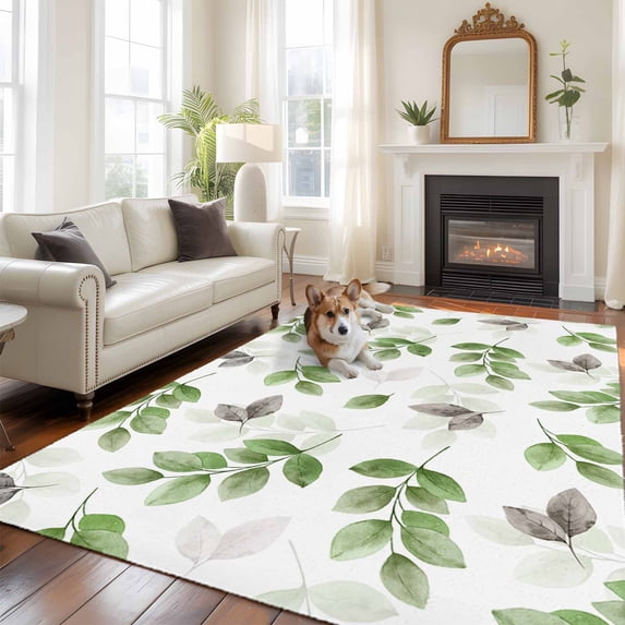 Botanical Country Washable Area Rug 5x7 Green Eucalyptus Leaves White ...