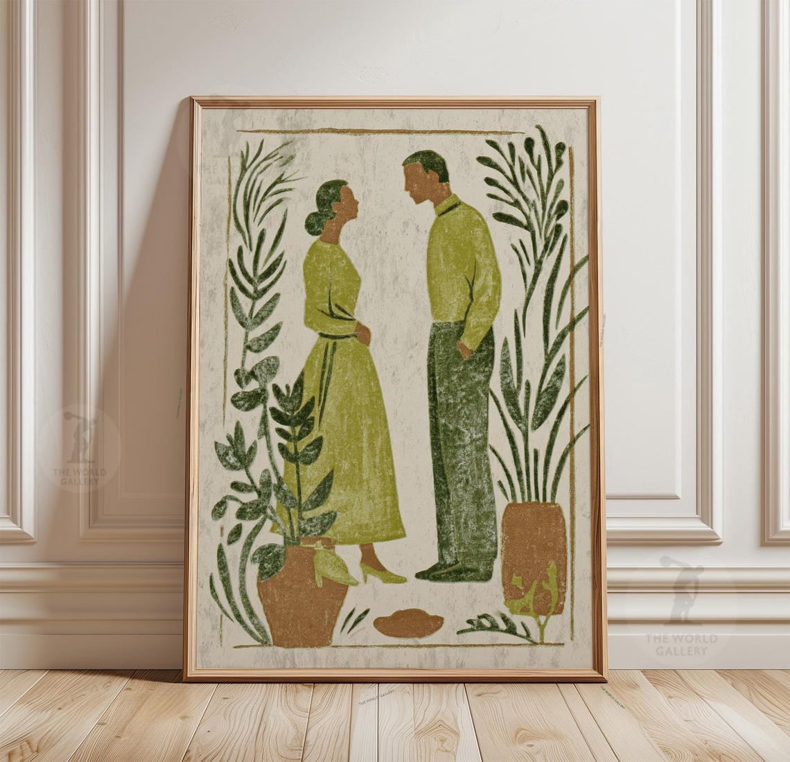 Botanical Couple Poster Green Folk Art Paper Wall Decor Nature Art ...