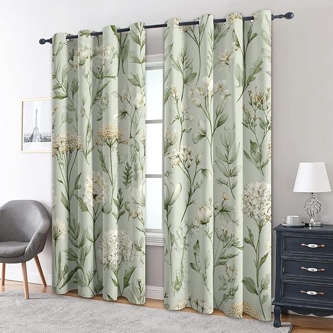 Botanical Curtains for Living Room, Farmhouse Floral Green Pattern ...