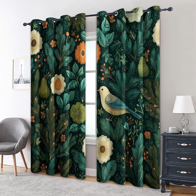 Botanical Curtains for Living Room, Green Floral Flower Leaf Pattern ...