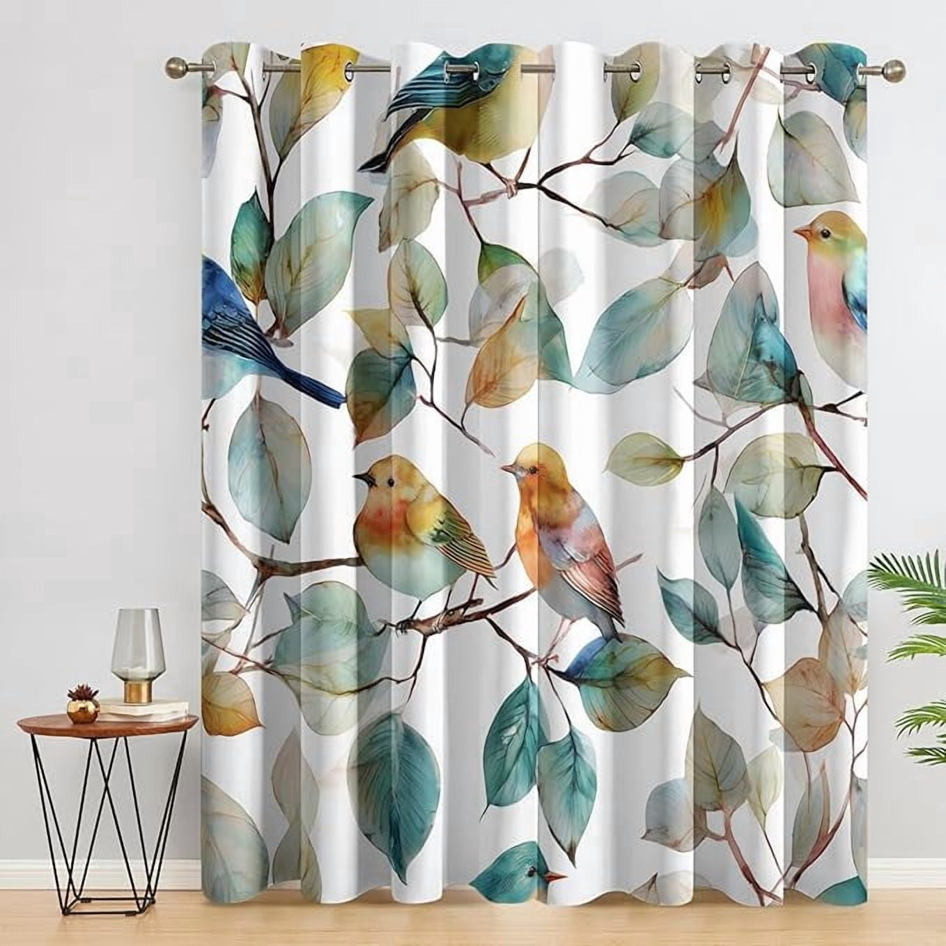 Botanical Curtains for Living Room, Leaf Modern Bird Pattern Design ...