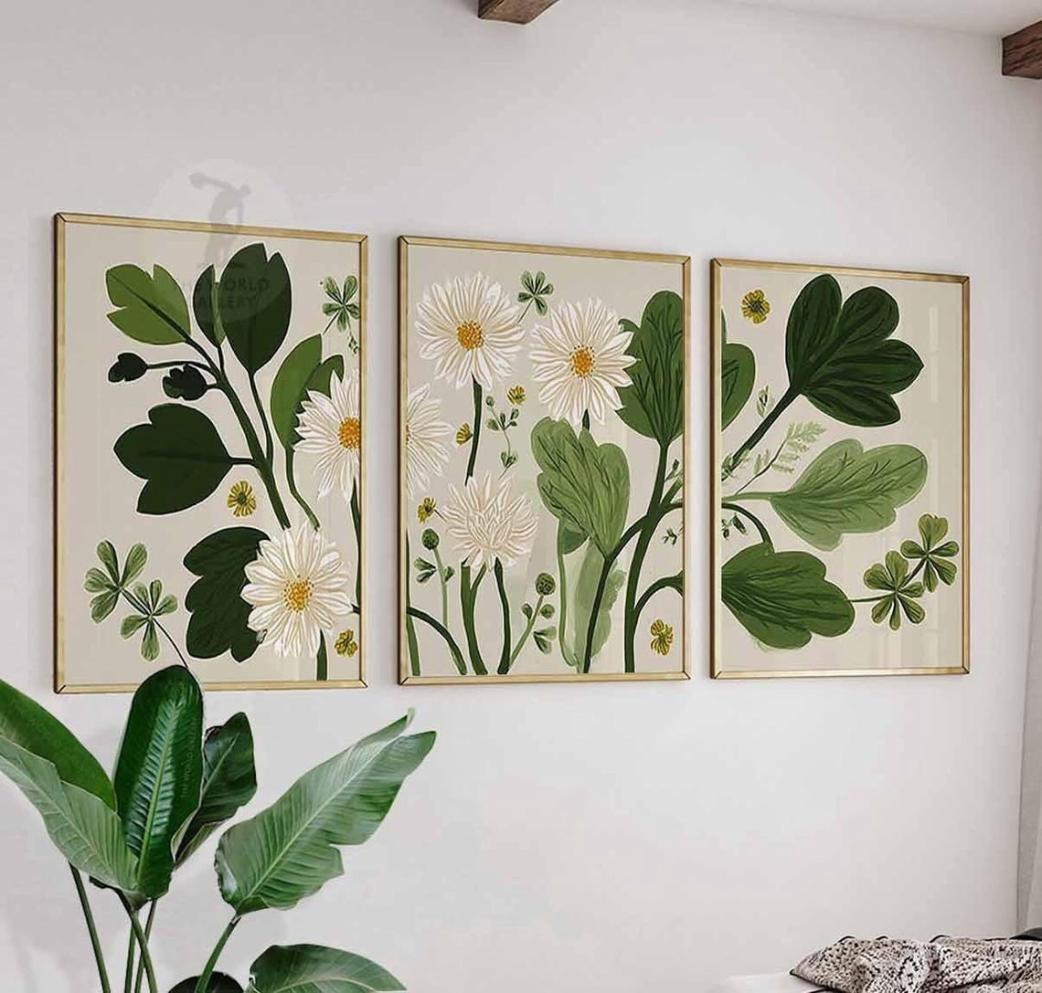 Botanical Daisy Green Floral Modern Home Decor Art Set 3 Unframed Paper ...