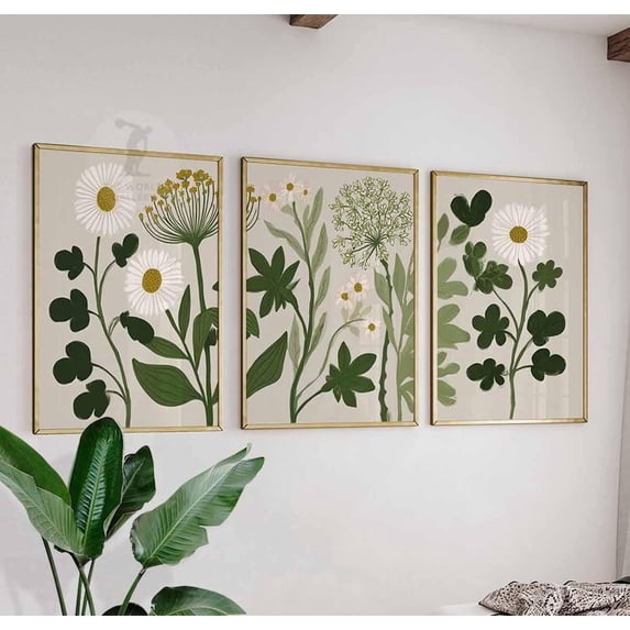 Botanical Daisy Green Leaves Nature Art Set 3 Unframed Paper Print 8x12 ...