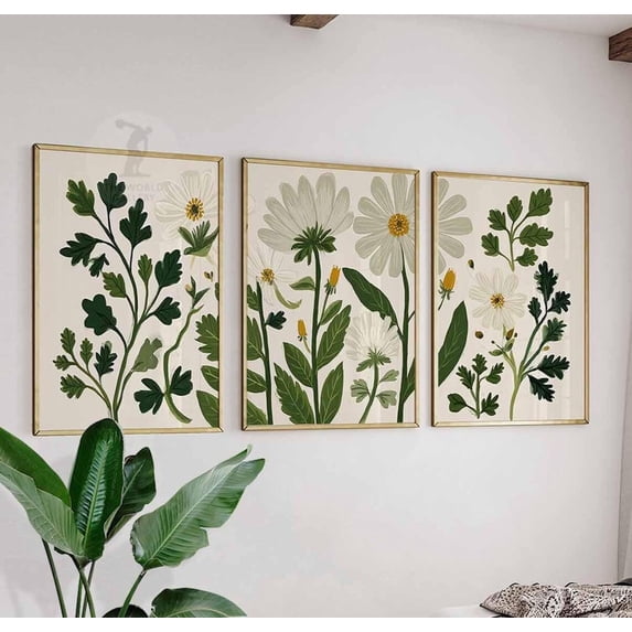 Botanical Daisy Prints Green Floral Wall Art Modern Nature Trio Home ...