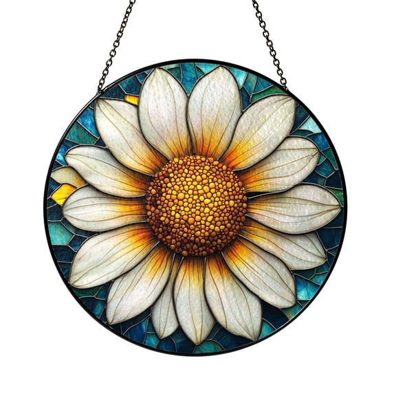 Botanical Daisy Stained Glass Style Window Suncatcher, Round Flower Art ...