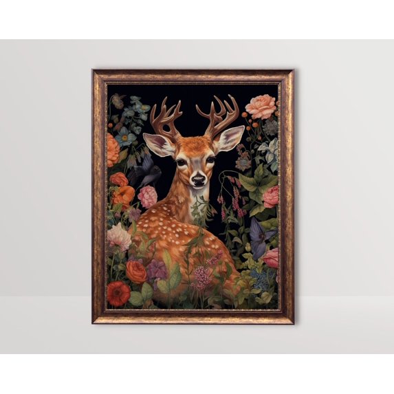 Botanical Deer, Dark Gothic Cottagecore Art, Moody Floral, Goth Wall ...