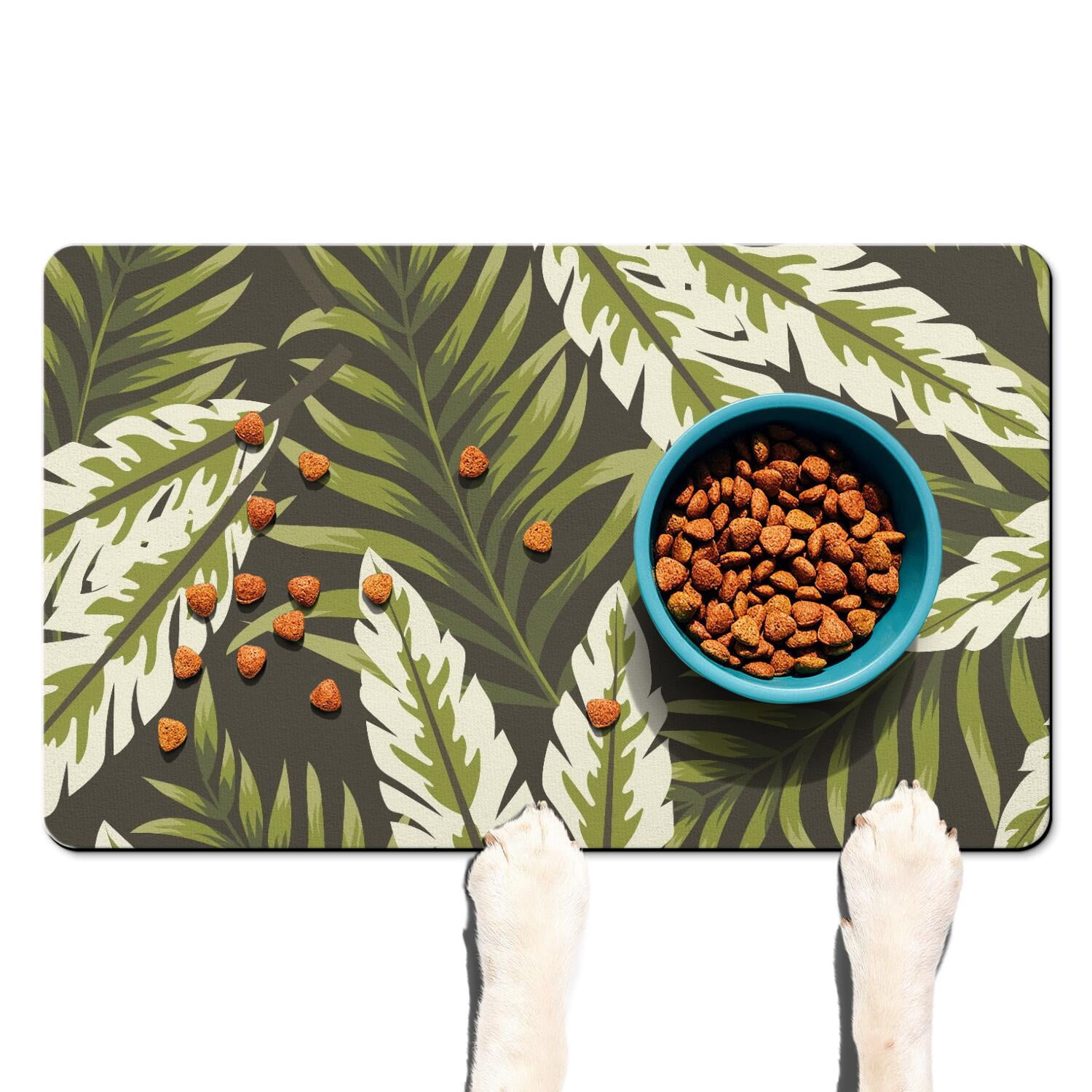 Botanical Dog Feeding Mat - Tropical Leaf Pet Food Pad - Absorbent ...