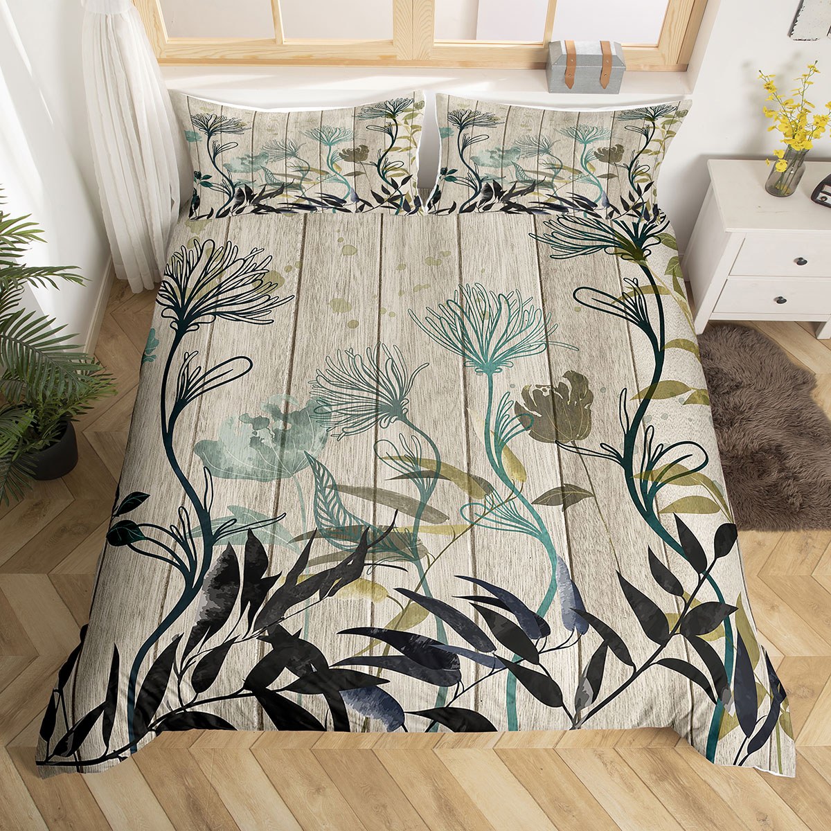 Botanical Duvet Cover Rustic Bedding Set for Kids Child,Vintage Wooden ...