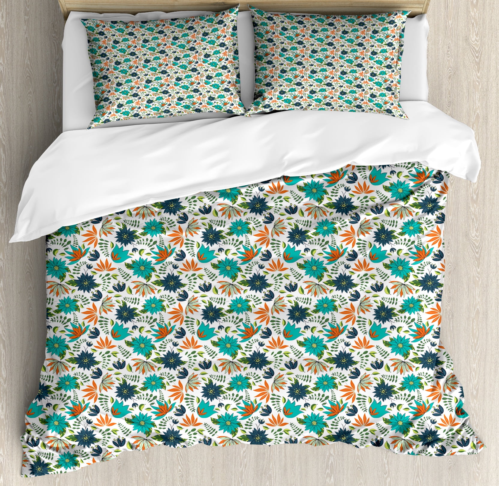 Botanical Duvet Cover Set, Abstract Foliage Garden Flowers Leaves ...