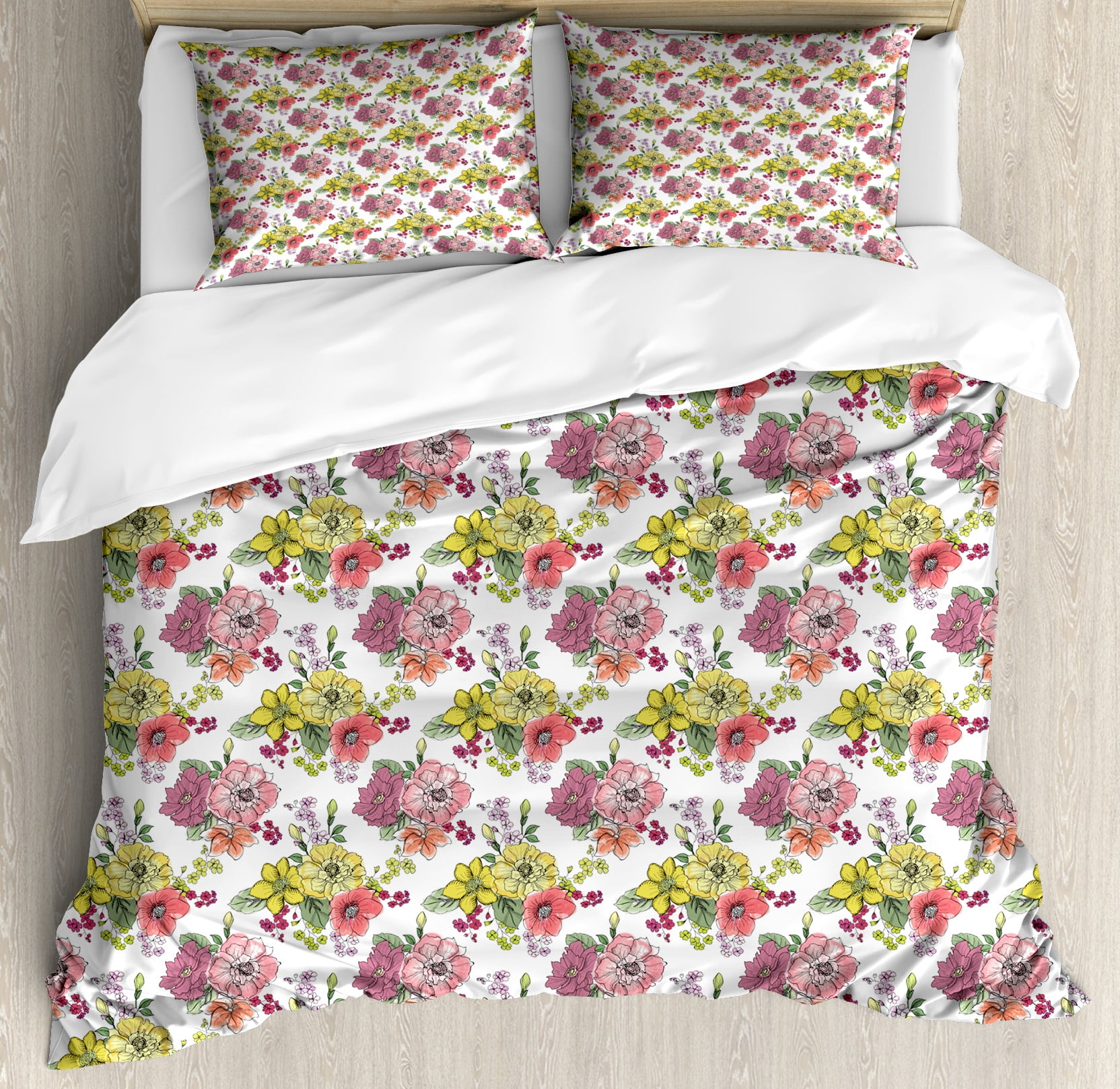Botanical Duvet Cover Set, Colorful Summer Flowers Peony Iris Lily ...