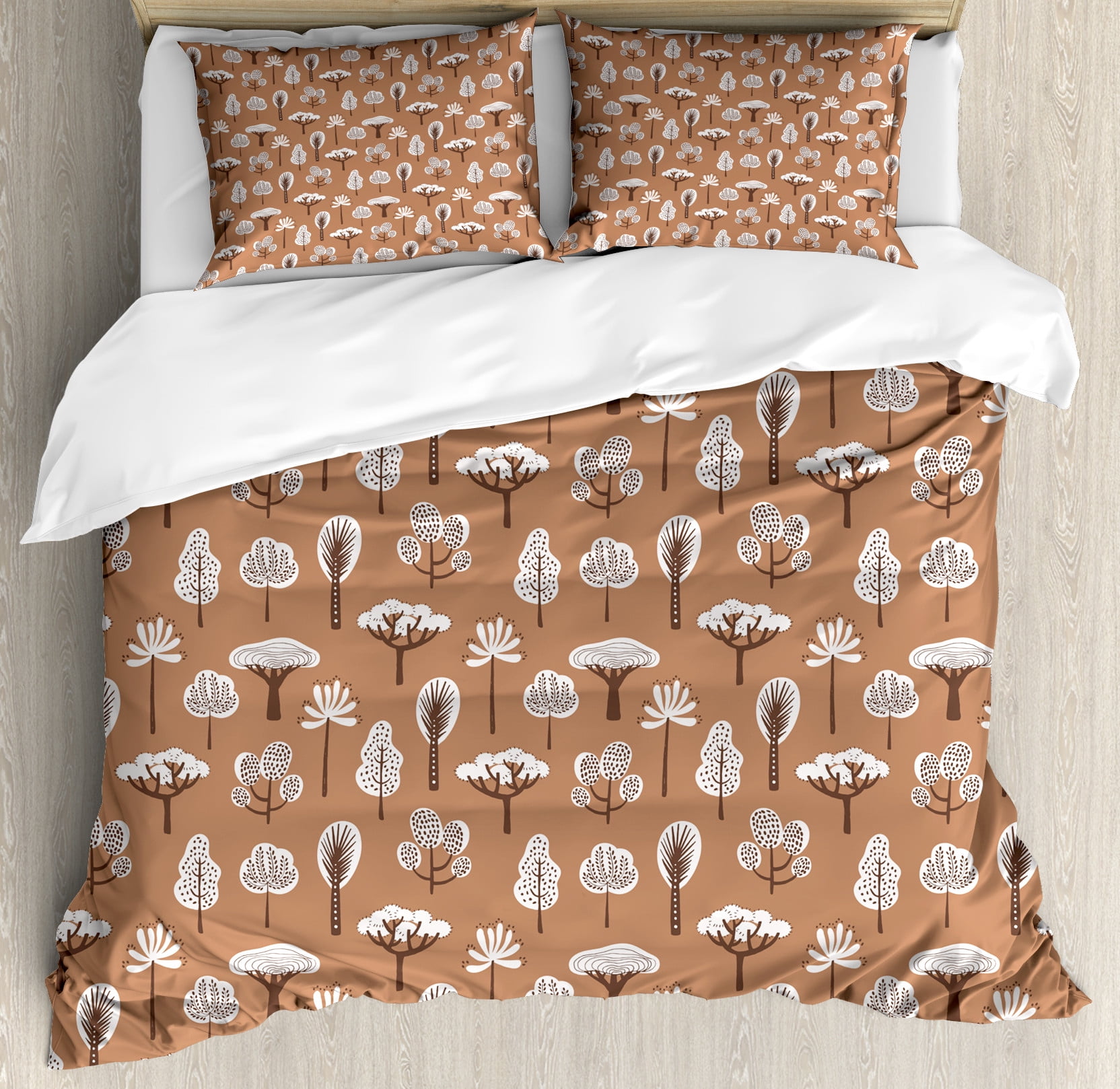 Botanical Duvet Cover Set, Continuous Tree and Plant Elements in Earthy ...
