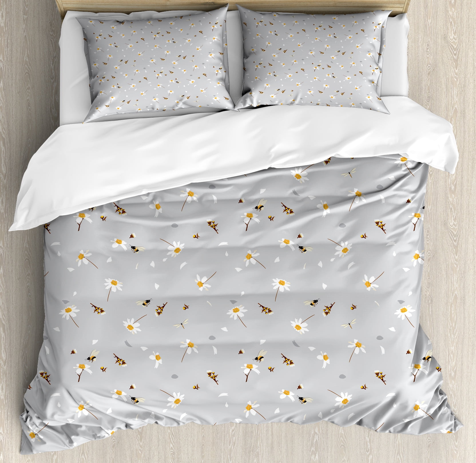 Botanical Duvet Cover Set, Daisy Flower Branches with Flying ...