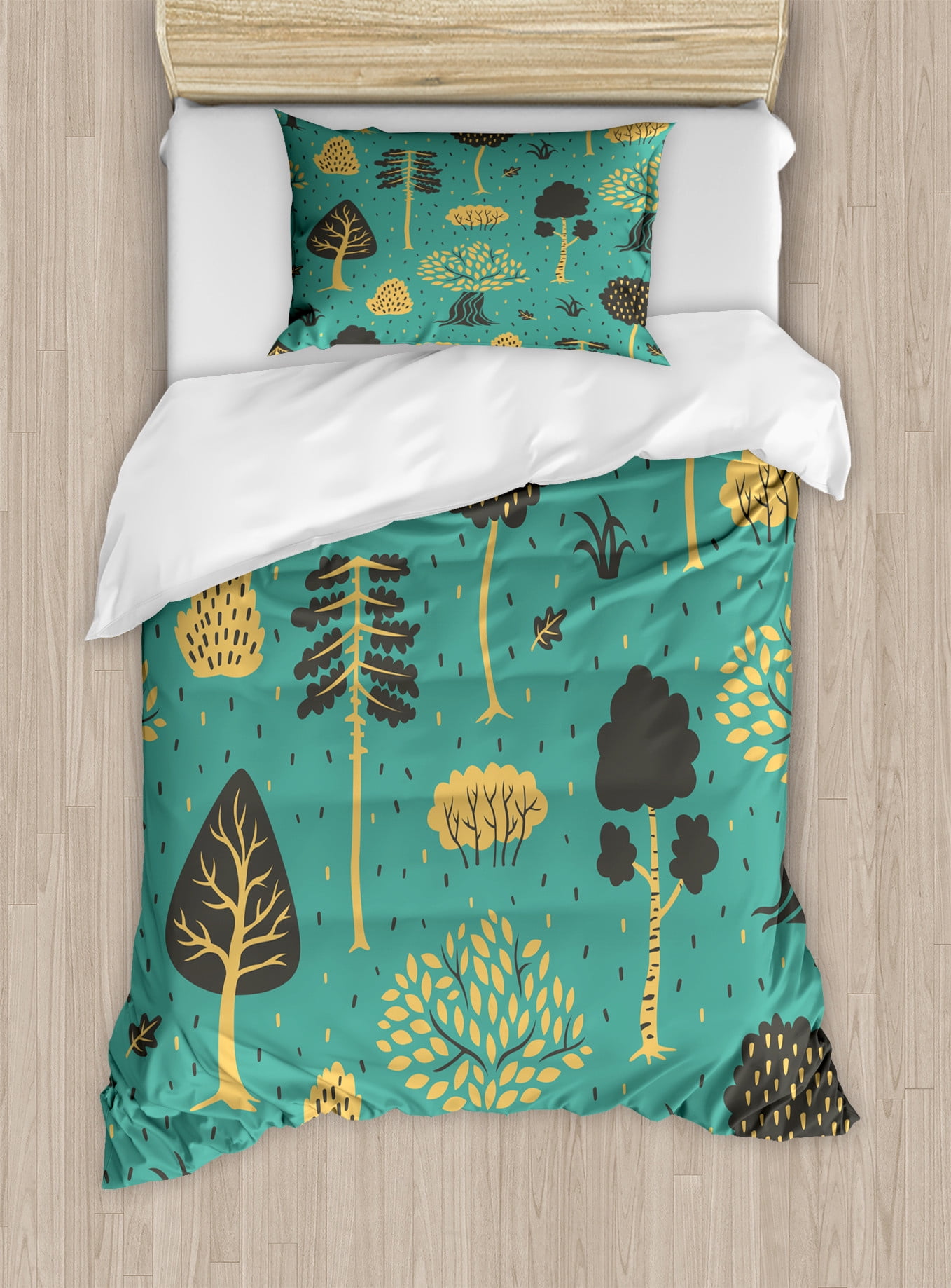 Botanical Duvet Cover Set, Doodle Style Trees and Leaves Forest ...