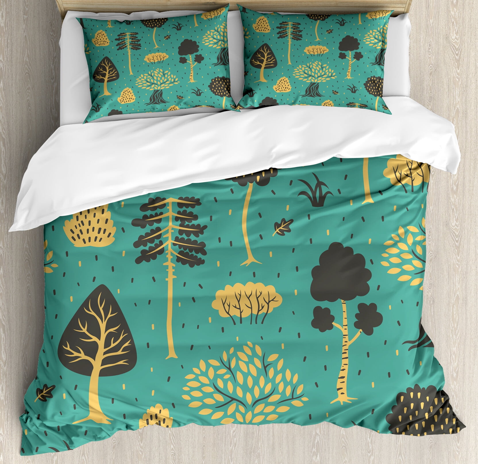 Botanical Duvet Cover Set, Doodle Style Trees and Leaves Forest ...