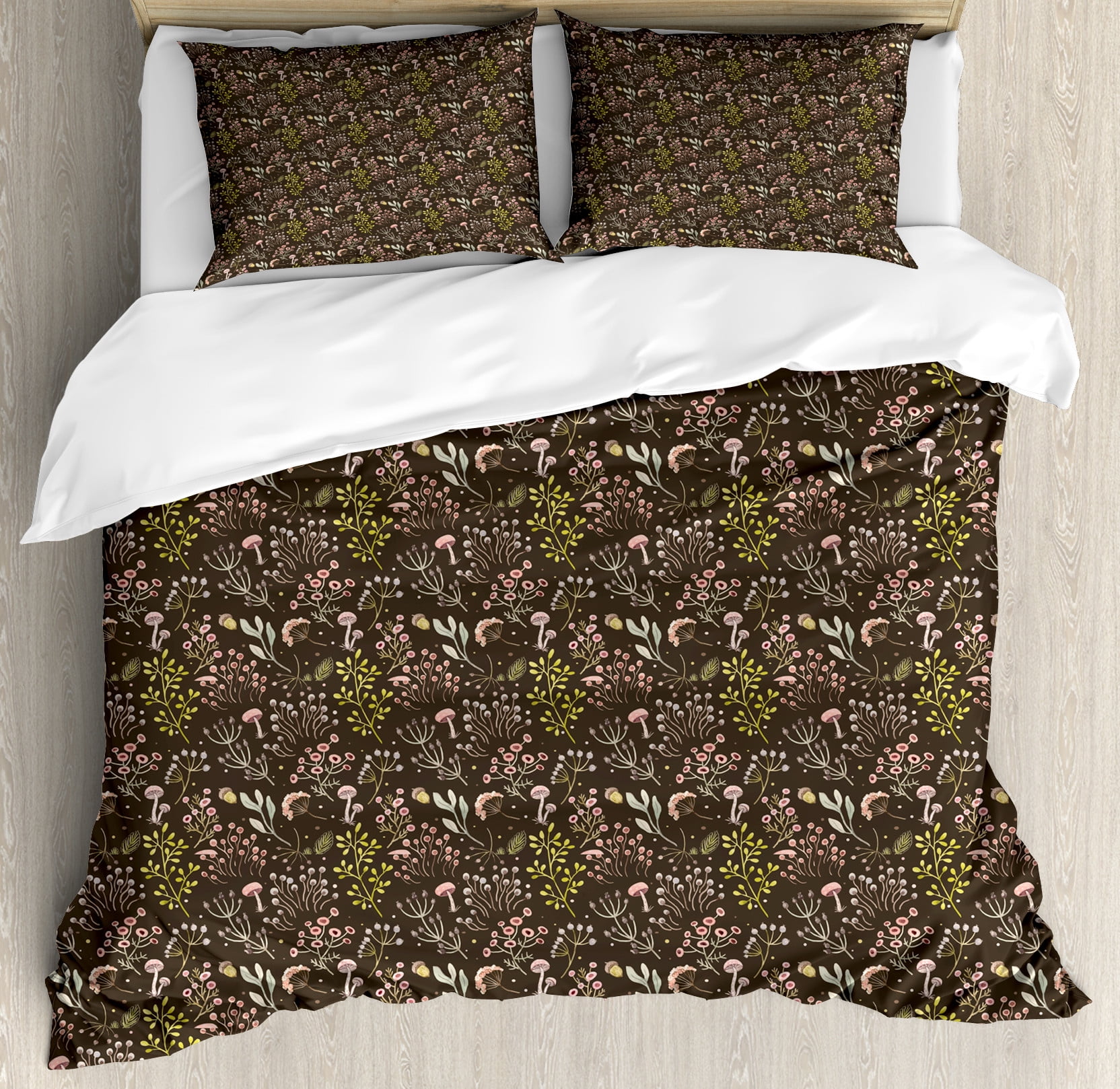Botanical Duvet Cover Set, Forest Foliage Themed Pattern with Mushrooms Berry Blossoming ...