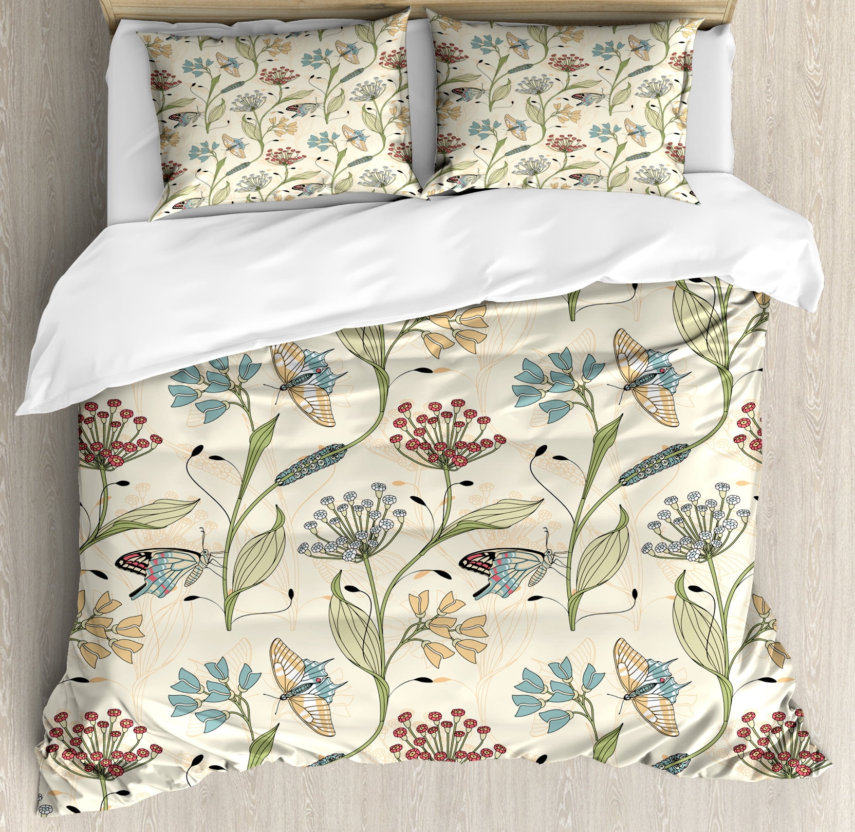 Botanical Duvet Cover Set, Forest Insects and Flowers Flourishing ...